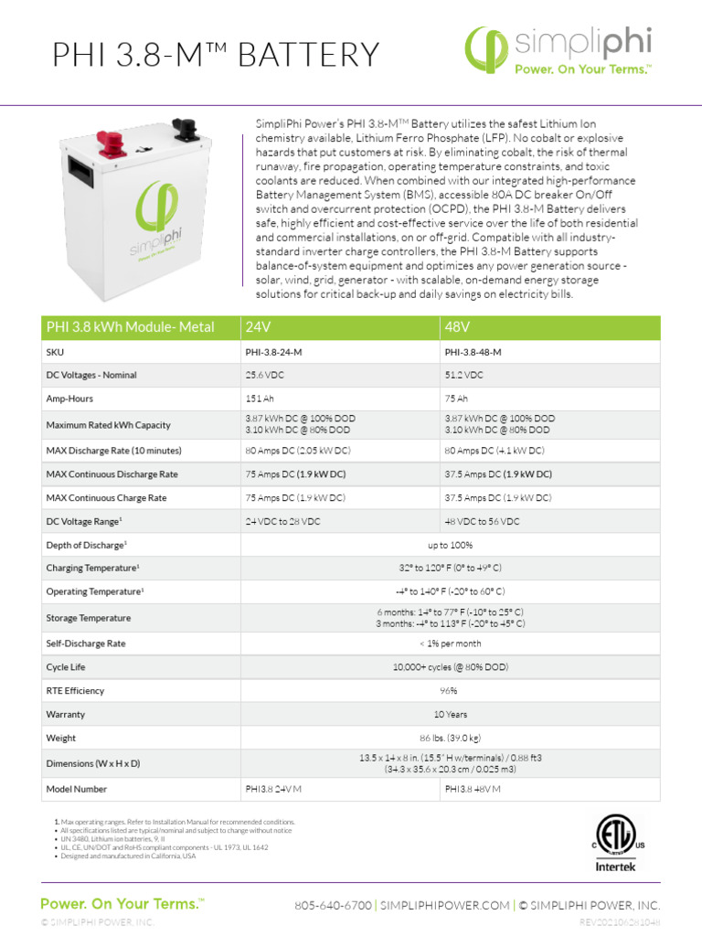 Simpliphi 3 8 Spec Sheet | PDF | Direct Current | Electricity