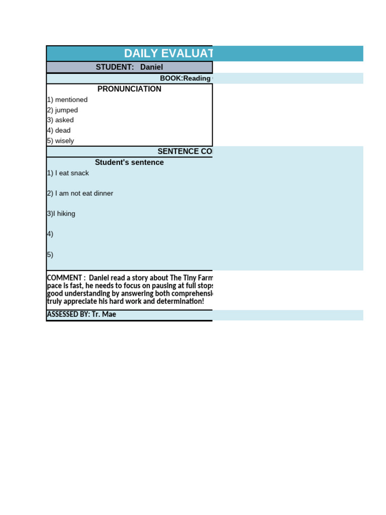 Daily Evaluation Report for Student Daniel | PDF | Reading ...