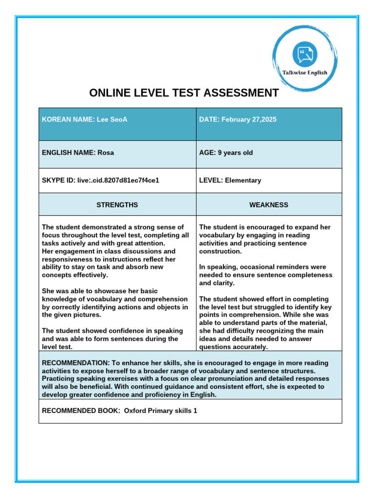 ONLINE LEVEL TEST ASSESSMENT-Lee SeoA (Rury) - TR - Mae | PDF