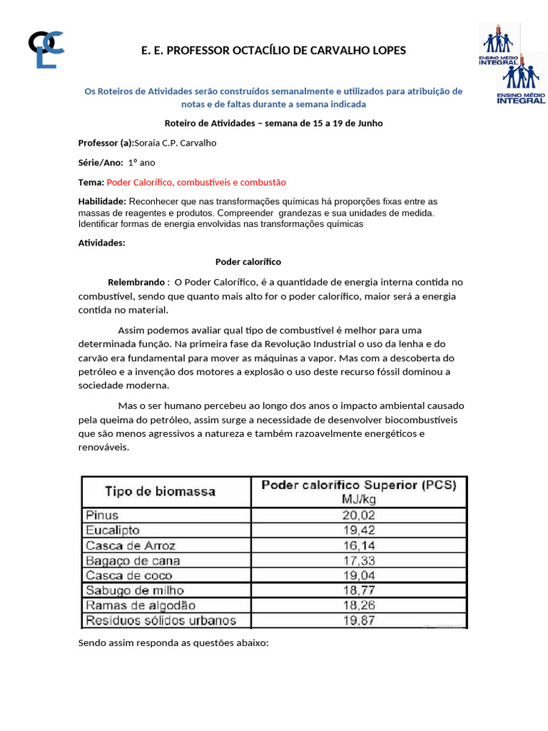 1-6 poder calorífico adap | PDF | Combustão | Combustíveis