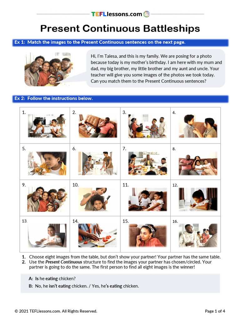Present Continuous Battleships Student | PDF