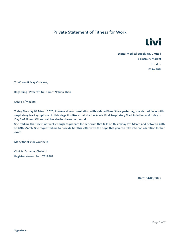 Fitness for Work Statement for Nabiha Khan | PDF