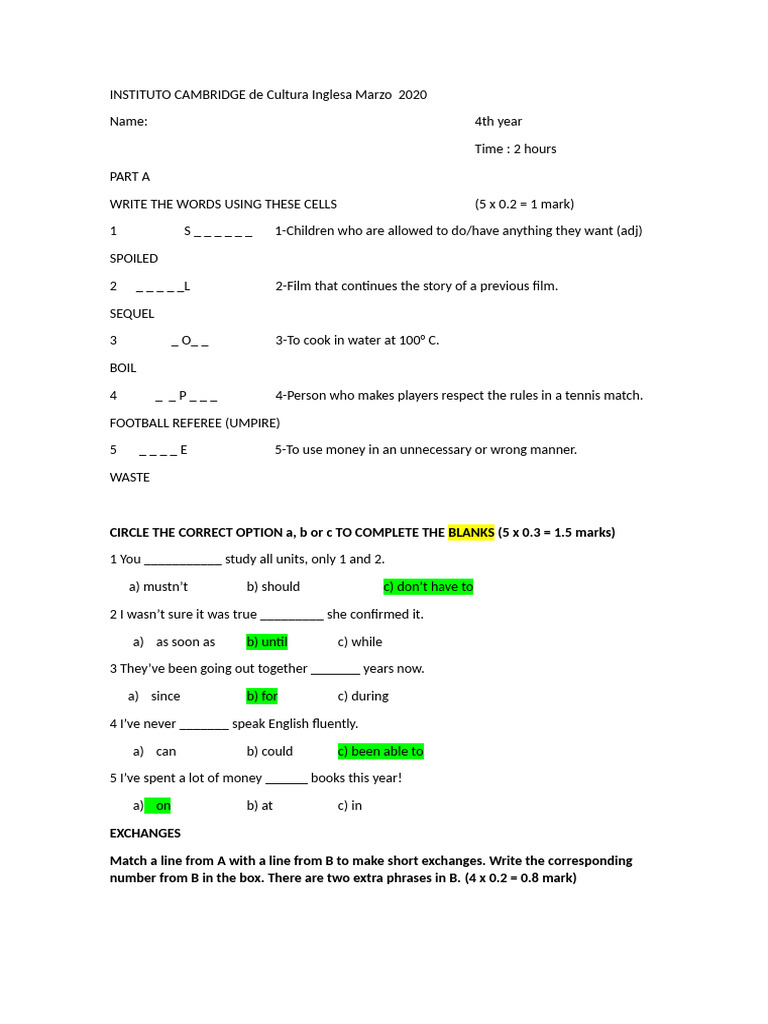 Cambridge Institute English Exam March 2020 | PDF