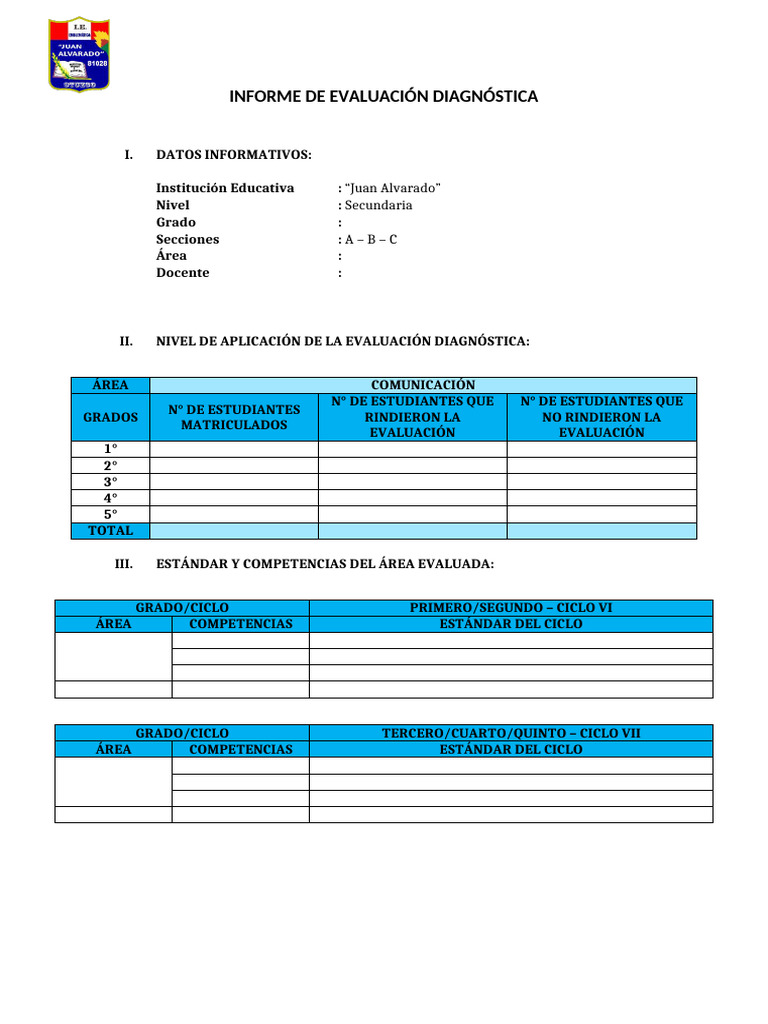Informe de Evaluación Diagnóstica. Modelo | PDF | Evaluación | Cognición