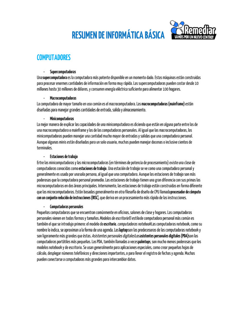 Resumen de Informatica Basica - Remediar Ciencias Medicas Unlp | PDF