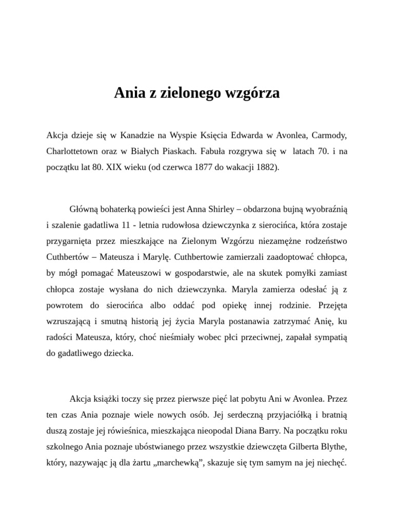 Omówienie Ania z Zielonego Wzgórza | PDF