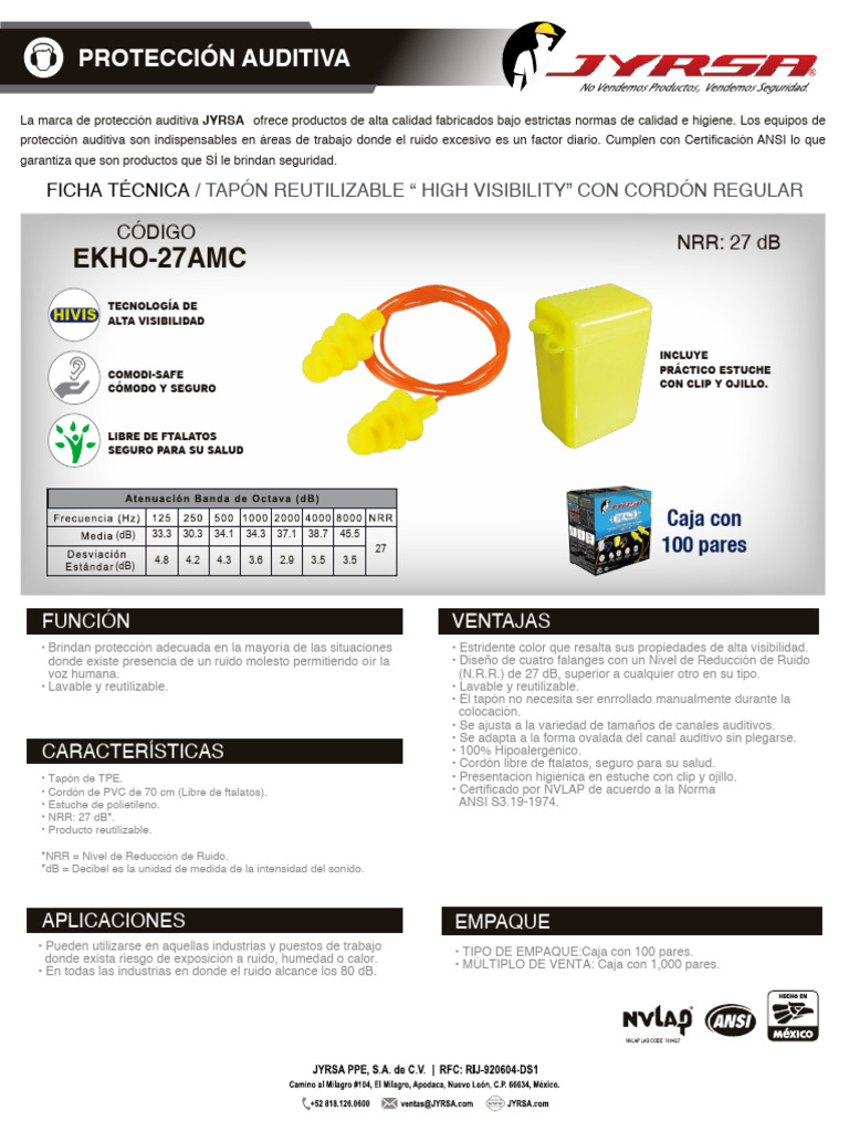 Ficha Tecnica Tapon Auditivo de Caja Ekho-Nrr 27 DB Amc Jyrsa | PDF | ruido | Acústica