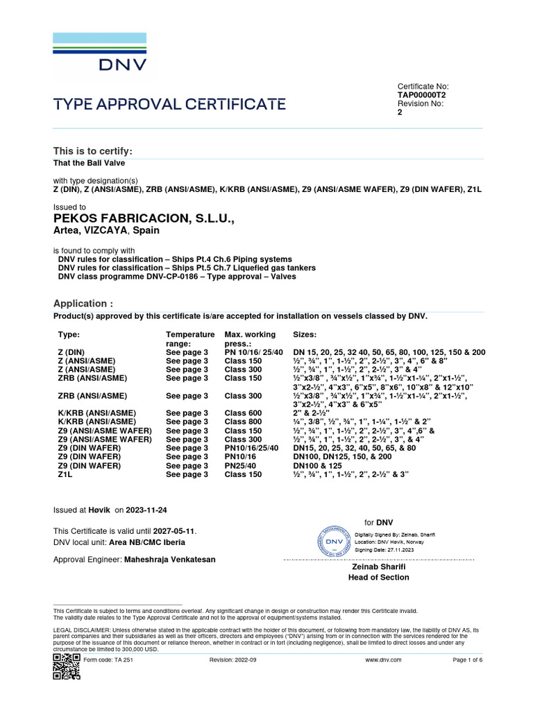 Type Approval Certificate for Ball Valves | PDF | Pipe (Fluid ...