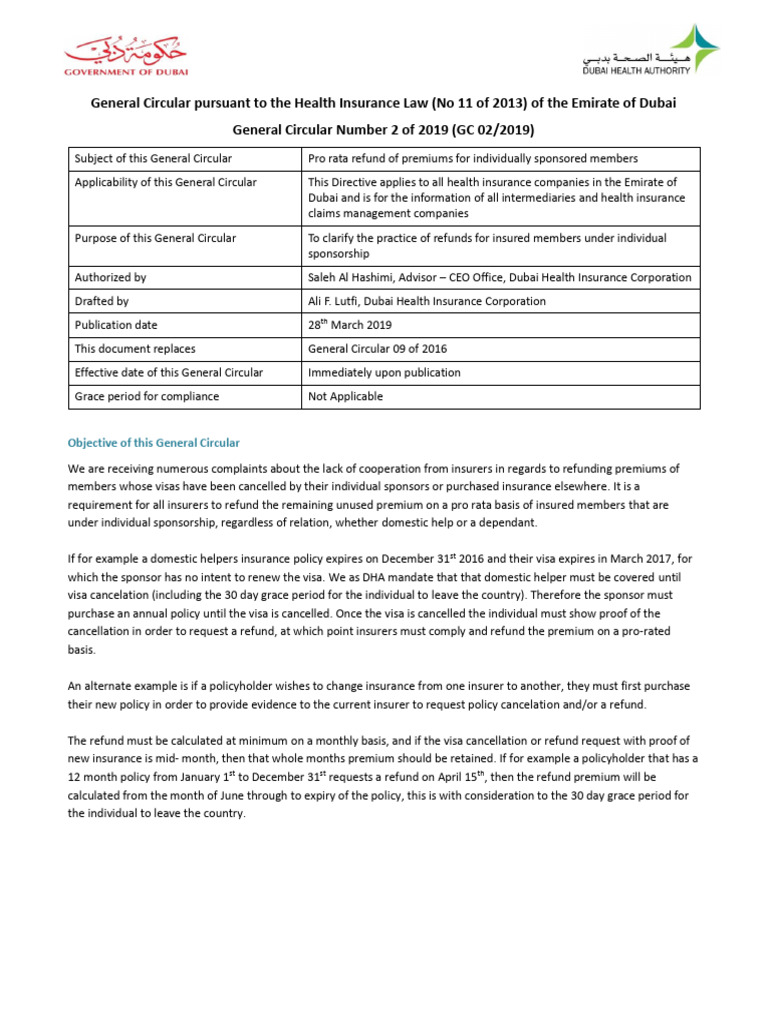 Pro Rata Premium Refund Guidelines Dubai | PDF | Insurance | Travel Visa