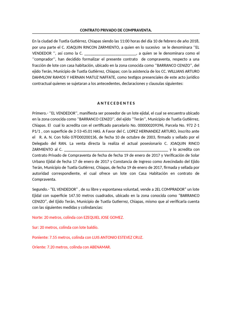 Hernan Matuz Contrato Privado de Compraventa | PDF
