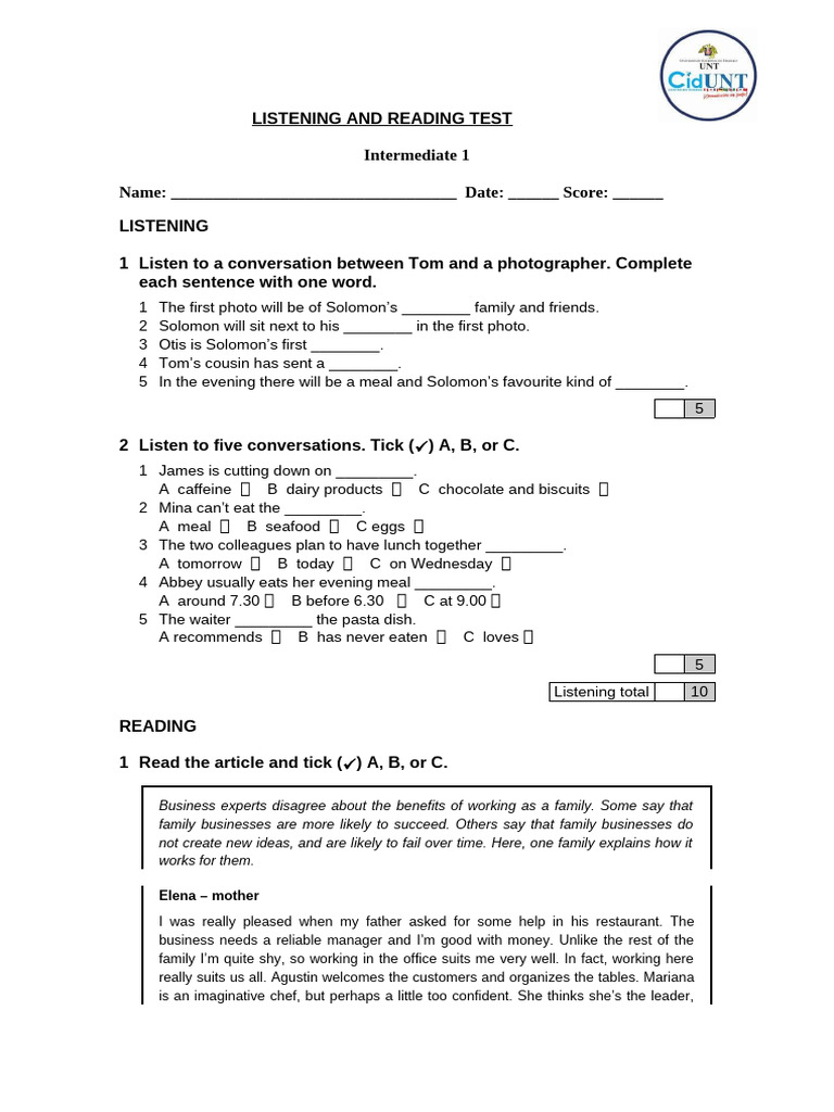 Listening and Reading Test Inter 1 | PDF | Menu