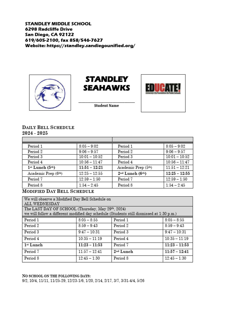 Standley Middle School Bell Schedule 2024-2025 | PDF | Schools | Teachers