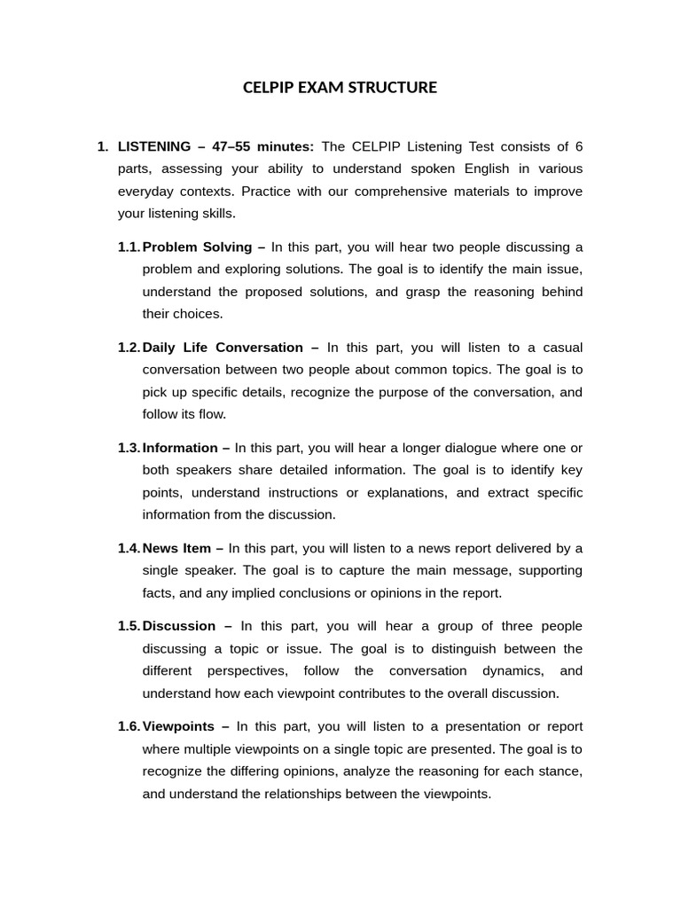 CELPIP Exam Structure Overview | PDF | Conversation | Reason