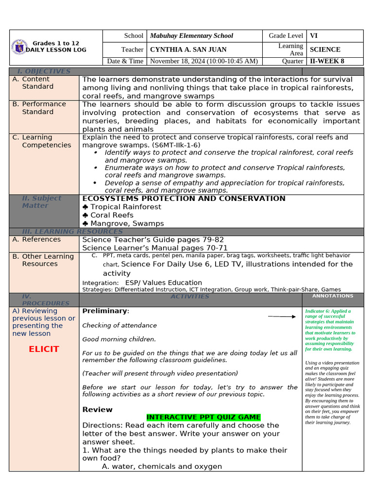 Cot Ii-Dlp in Science 6-Q2w8-Ecosystem Protection and Conservation | PDF | Mangrove | Coral Reef