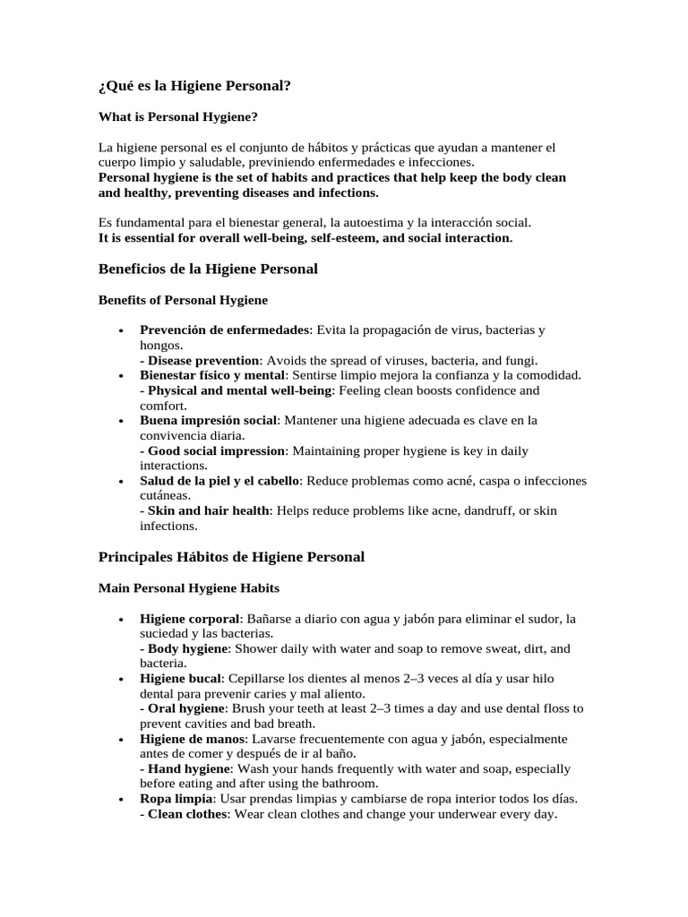 Hábitos de Higiene Personal en Inglés | PDF | Higiene | Salud pública