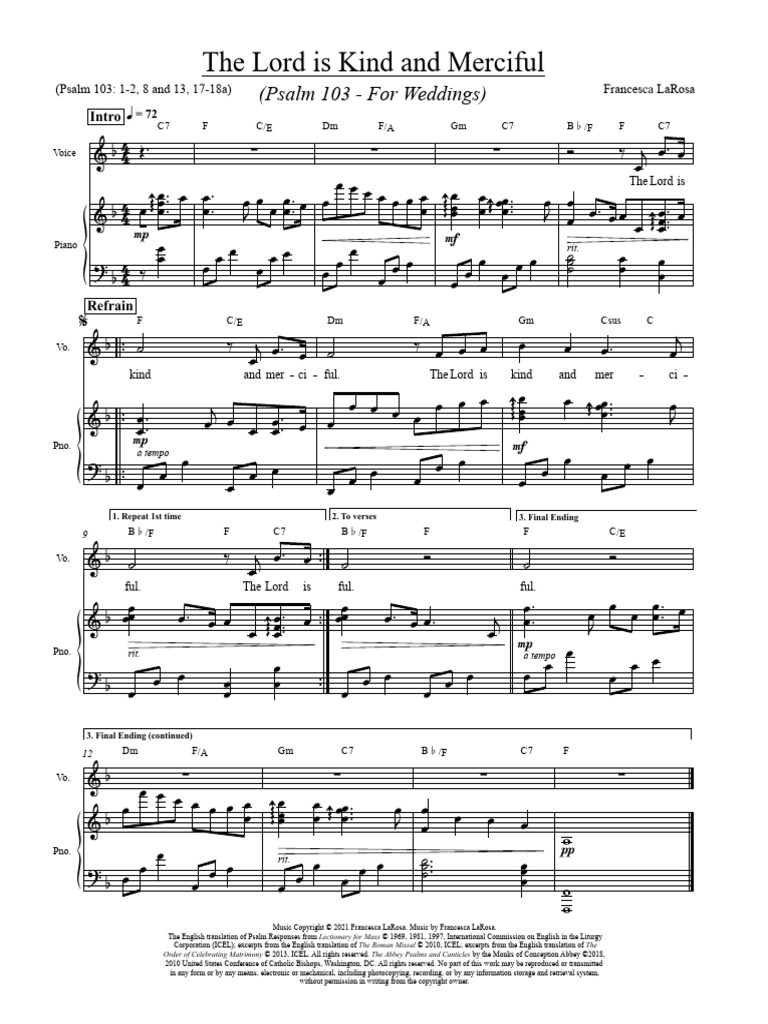 Psalm 103 - The Lord Is Kind and Merciful (Piano Vocal Metered ...