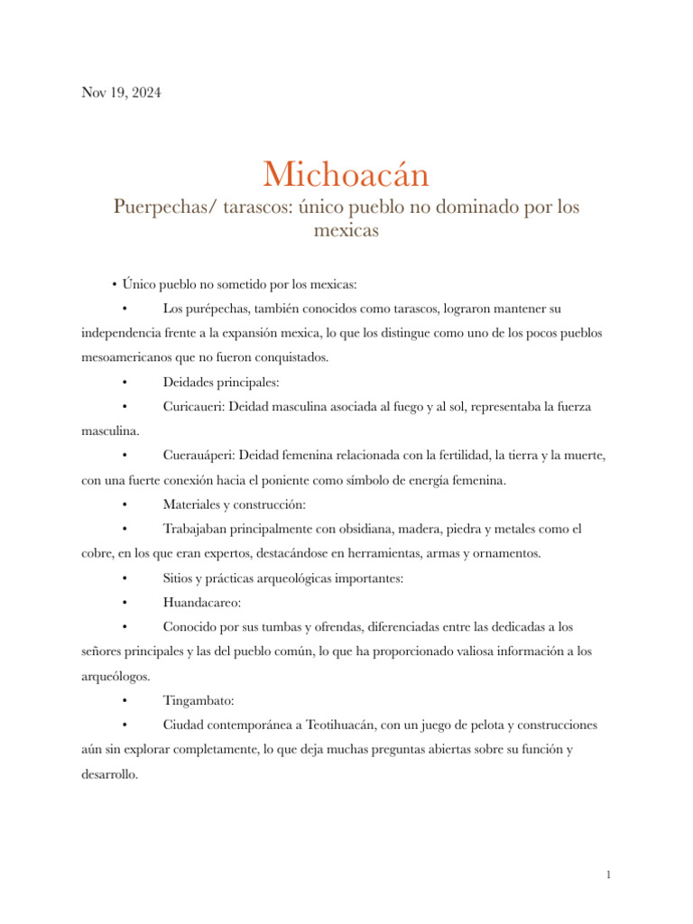 Resúmen Video Purepechas Michoacán | PDF | Mesoamérica