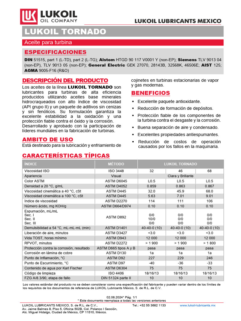 Tds Lukoil Tornado Esp 02.08.2024 | PDF | Lubricante | Sustancias químicas