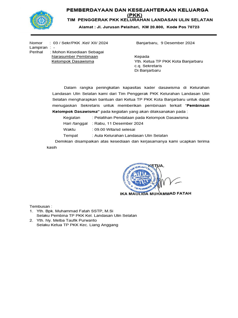 Surat Permohonan Narsum Pelatihan Dasawisma Des 2024 | PDF