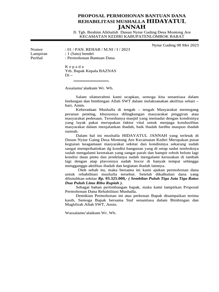 Proposal Rehab Musholla Lengkap Dengan RAB | PDF