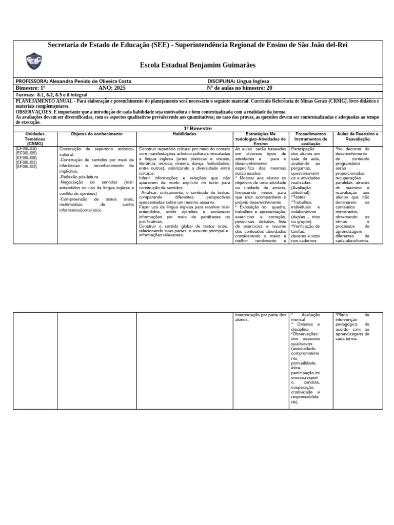 Planejamento Anual de Inglês 8º Ano 2025 | PDF | Pedagogia | Planejamento