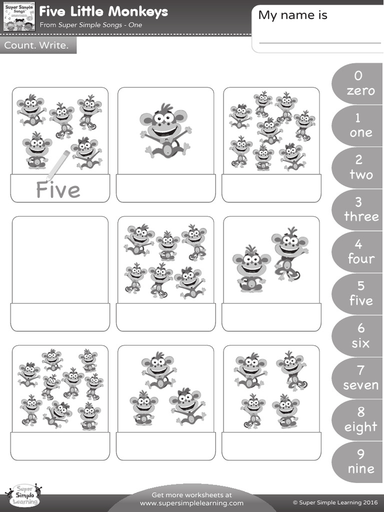 Five Little Monkeys Worksheet Count and Write BW | PDF
