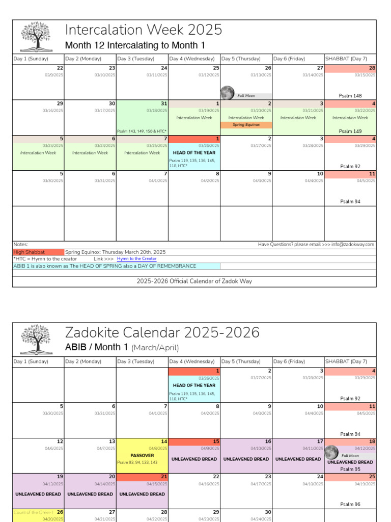 Zadok Way Calendar 2025 2026 | PDF | High Holy Days | Passover