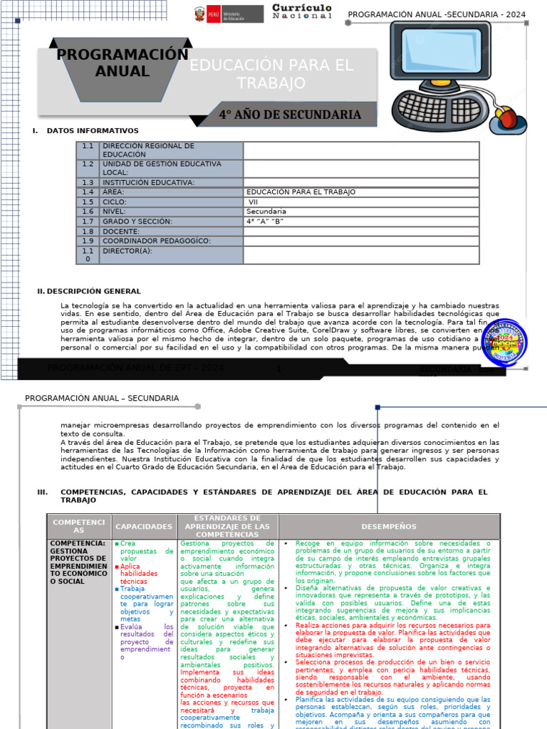 Programación Anual 4º Ept - 2024 | PDF | Evaluación | Microsoft Excel