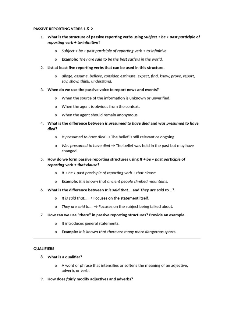 PASSIVE REPORTING VERBS 1 | PDF | Adjective | Verb