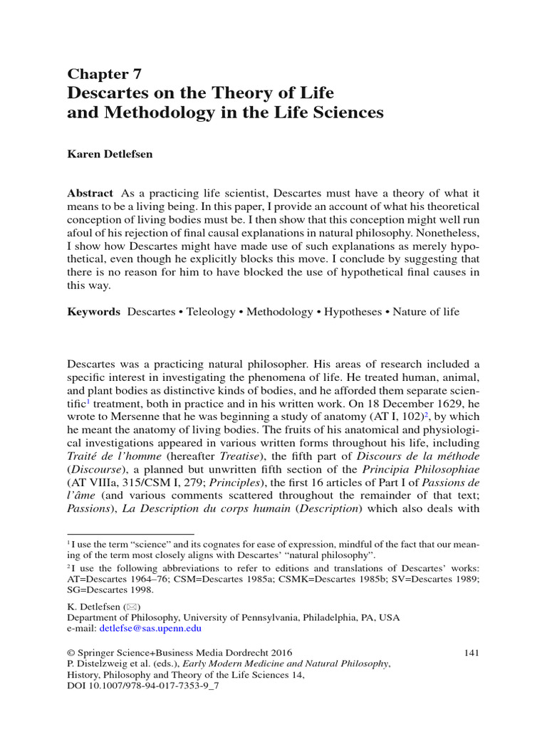 Descartes on the Theory of Life and Methodology in the Life Sciences ...