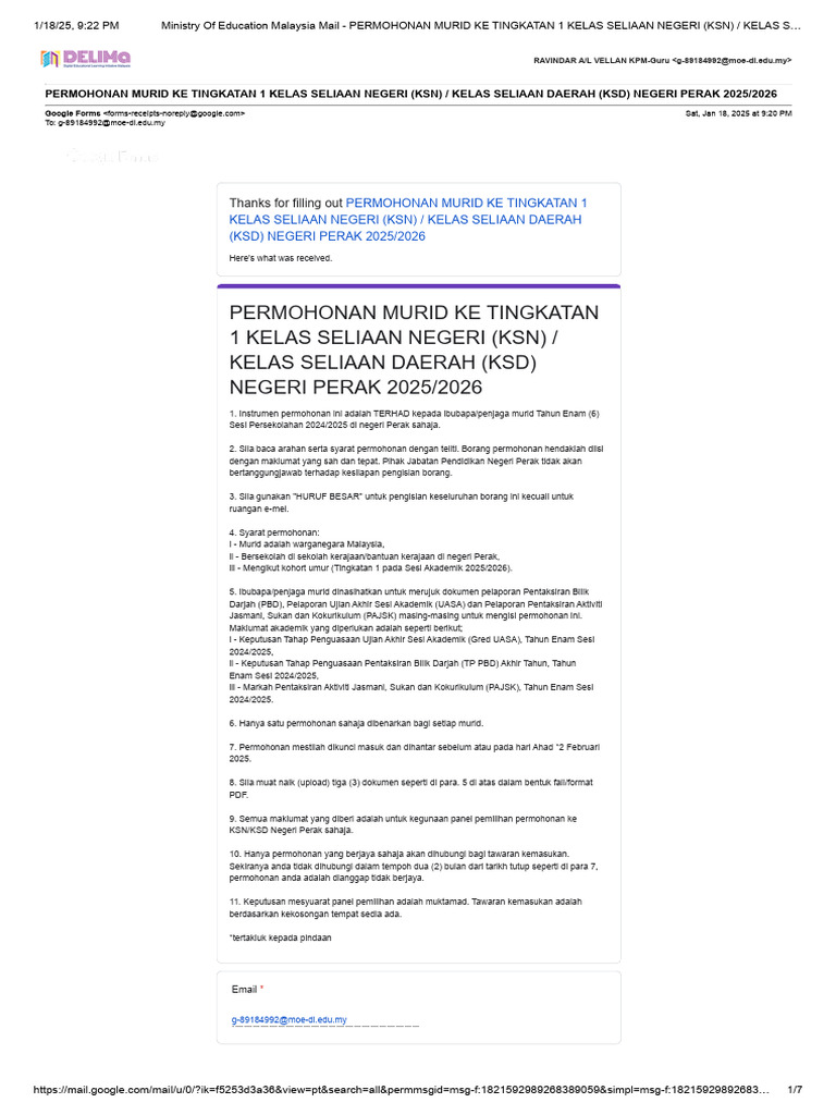 Permohonan Murid Ke Tingkatan 1 Kelas Seliaan Negeri (KSN) / Kelas Seliaan Daerah (KSD) NEGERI ...