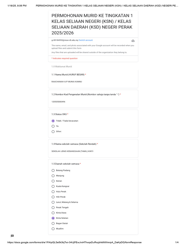 PERMOHONAN MURID KE TINGKATAN 1 KELAS SELIAAN NEGERI (KSN) _ KELAS SELIAAN DAERAH (KSD) NEGERI ...