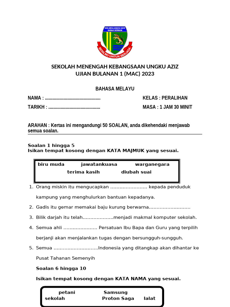 Soalan ujian-BAHASA-MELAYU-Peralihan | PDF