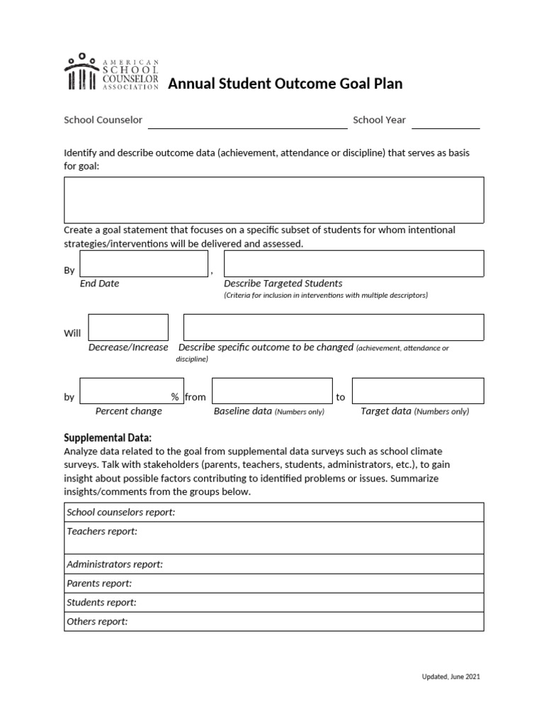Annual Student Outcome Goal Plan | PDF | Goal | School Counselor