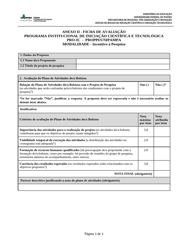 Anexo II Ficha Avaliacao PRO IC IP 2025 | PDF