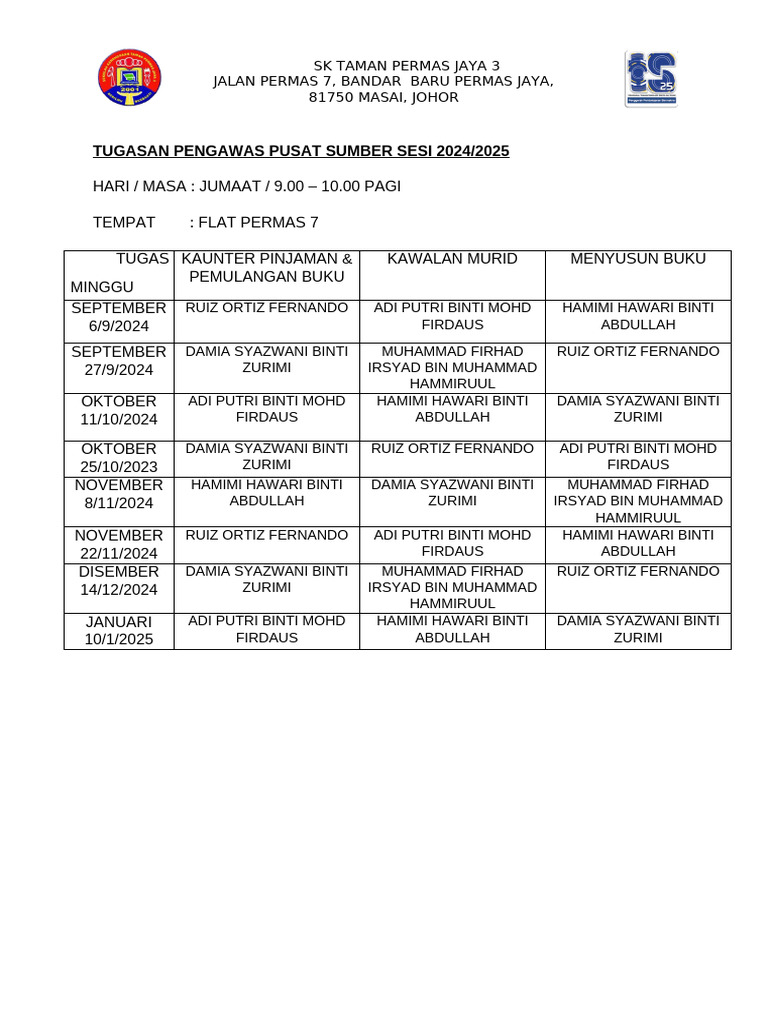 Jadual Tugas PSS Flat 2024 | PDF