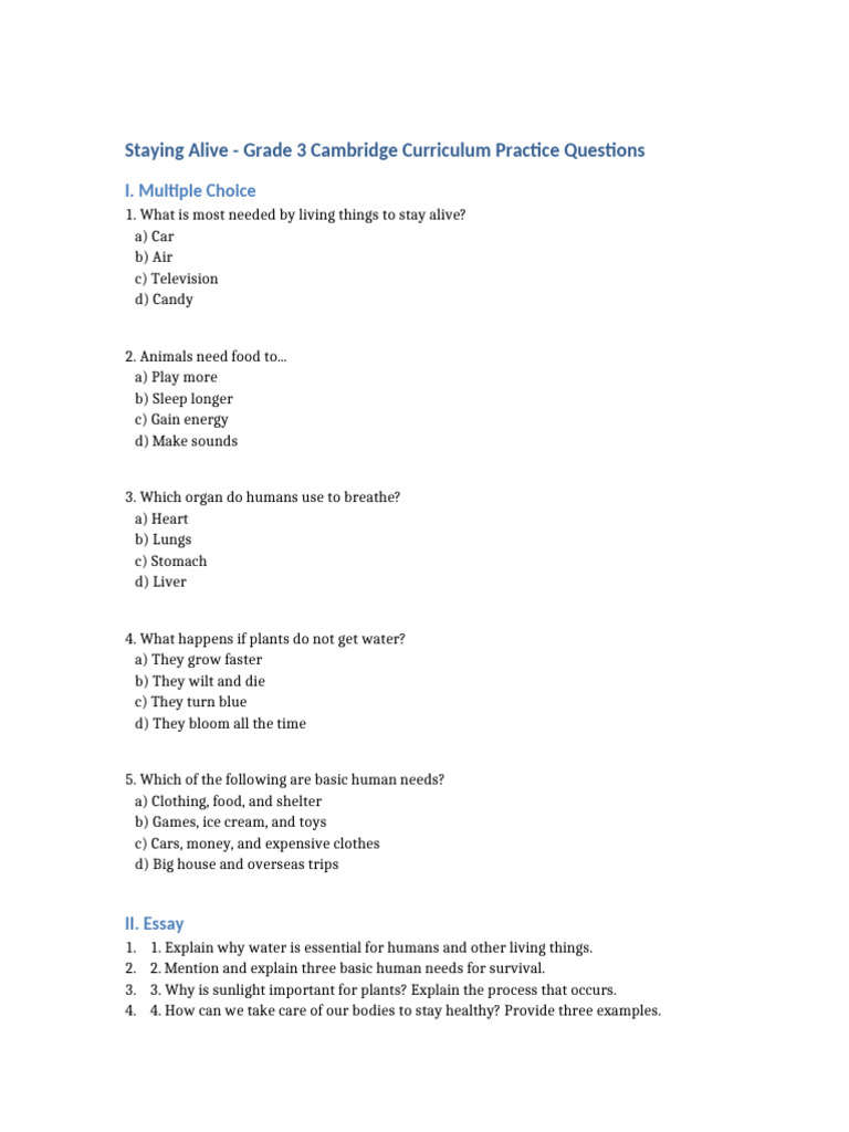Staying Alive: Grade 3 Practice Questions | PDF
