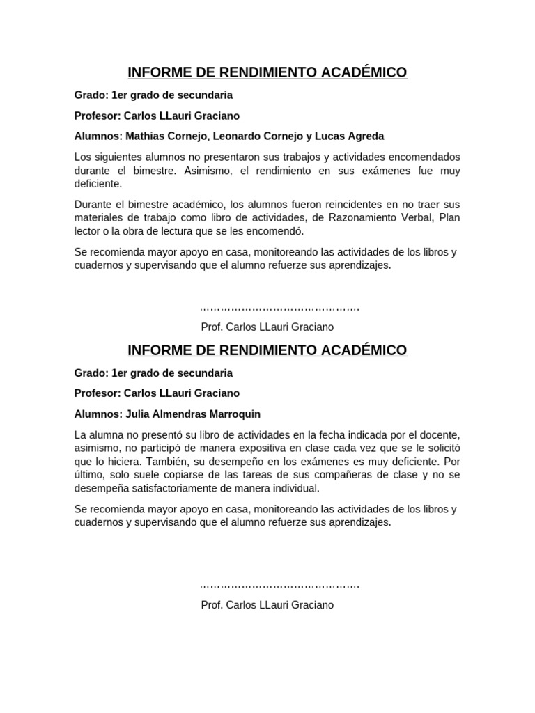 Informe de Rendimiento Academico | PDF | Aprendizaje | Modificación de comportamiento