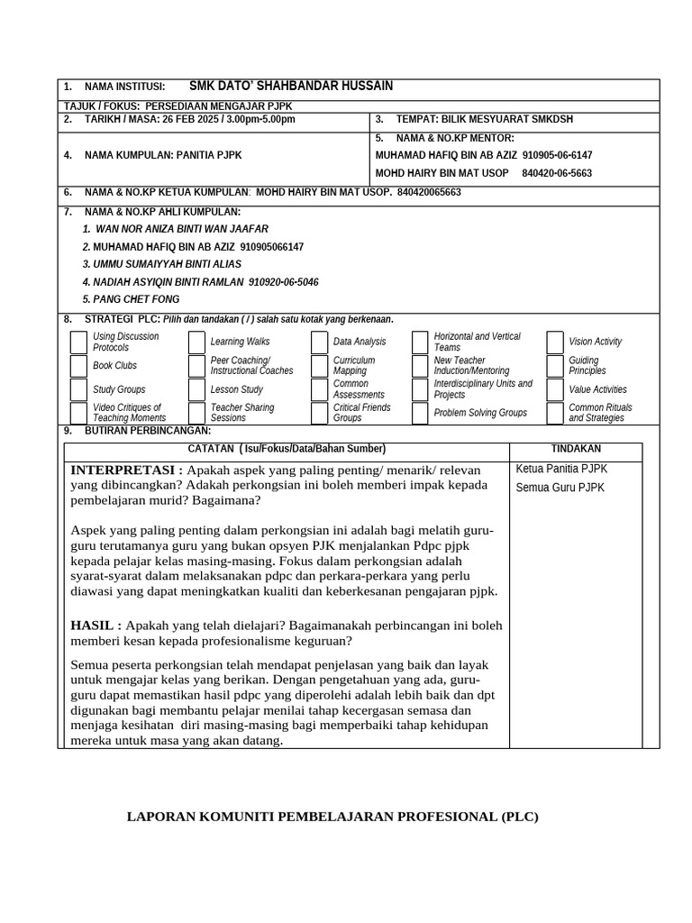 Borang PLC 2023 Segak PJPK | PDF