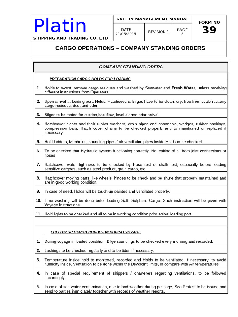 39 - Cargo Operations - Company Standing Orders Rev. 21.05.15 | PDF ...