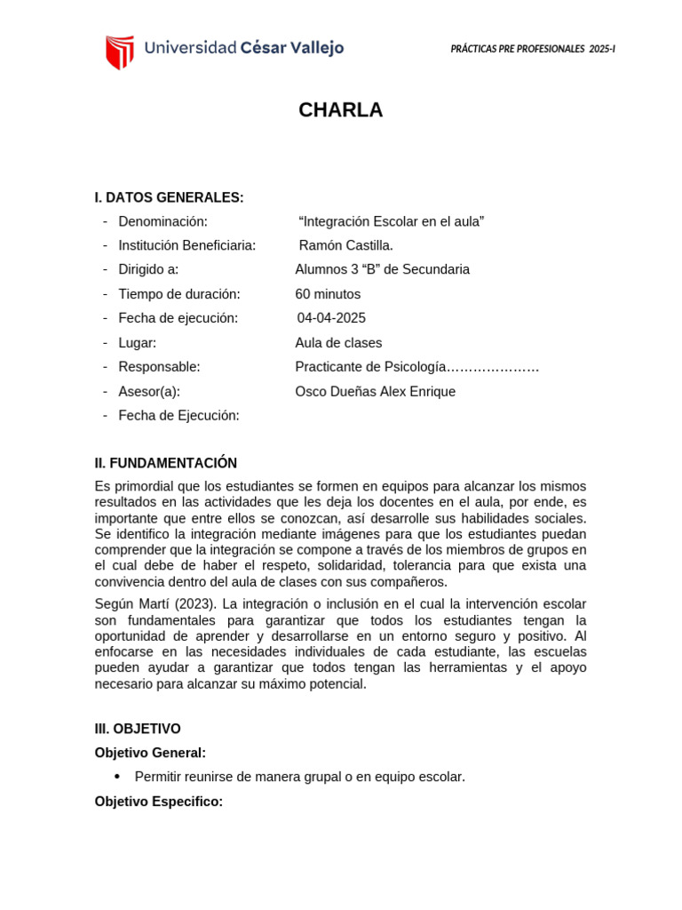Formato Elaboración de Charla 2025 | PDF | Salón de clases | Inclusión (Educación)