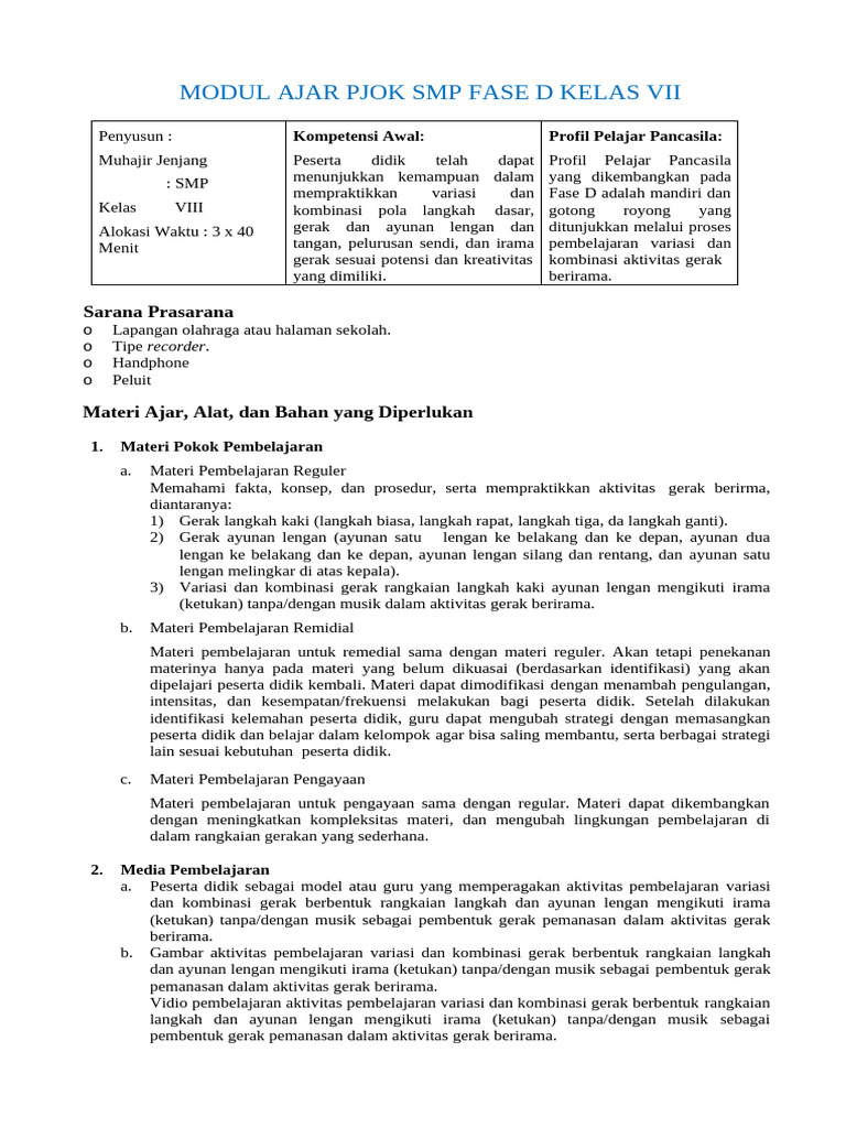 MODUL AJAR GERAK IRAMA PJOK SMP | PDF