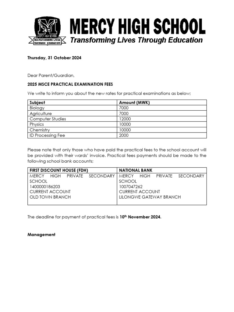 Practical Fees For 2025 MSCE | PDF