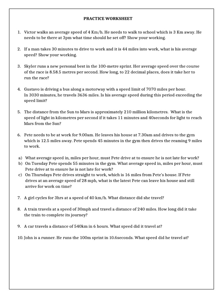 WS - Speed Distance and Time - 1 | PDF