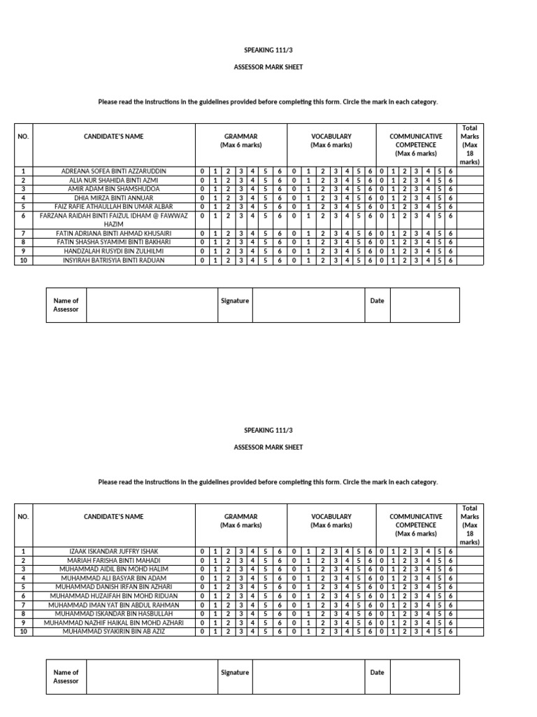 Form 5 Speaking Assessment Sheet | PDF