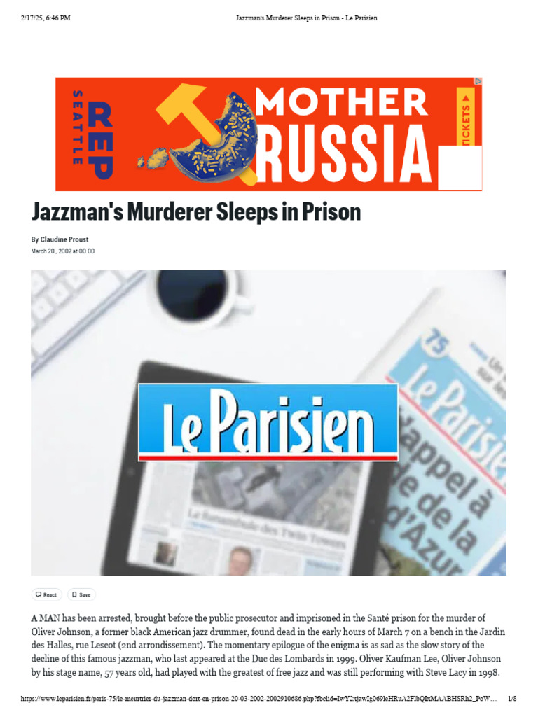 Jazzman's Murderer Sleeps in Prison - Le Parisien | PDF