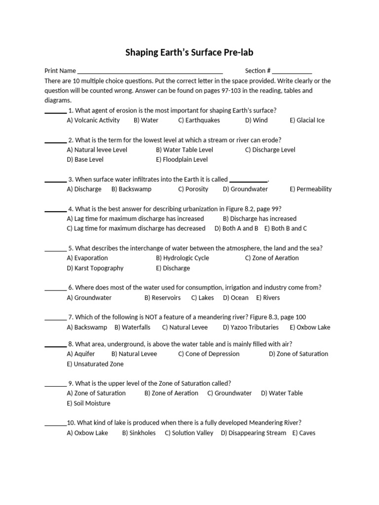Shaping Earth's Surface Pre-Lab 2 | PDF