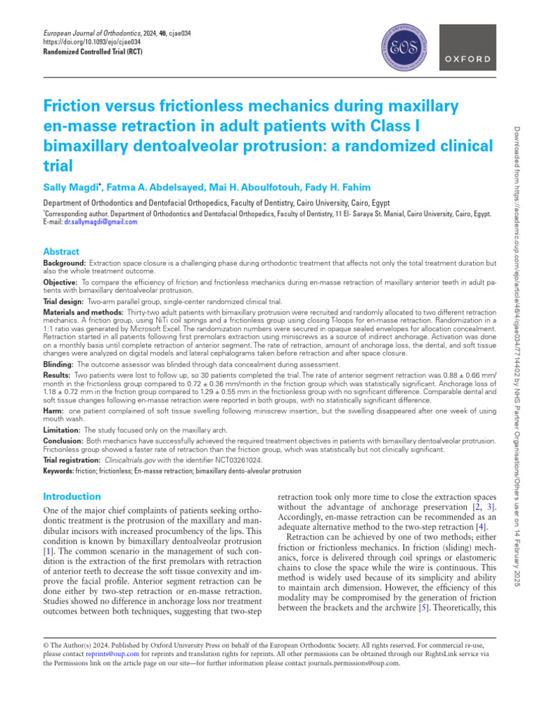 Friction Versus Frictionless Mechanics During Maxillary En-Masse Retraction in Adult Patients ...