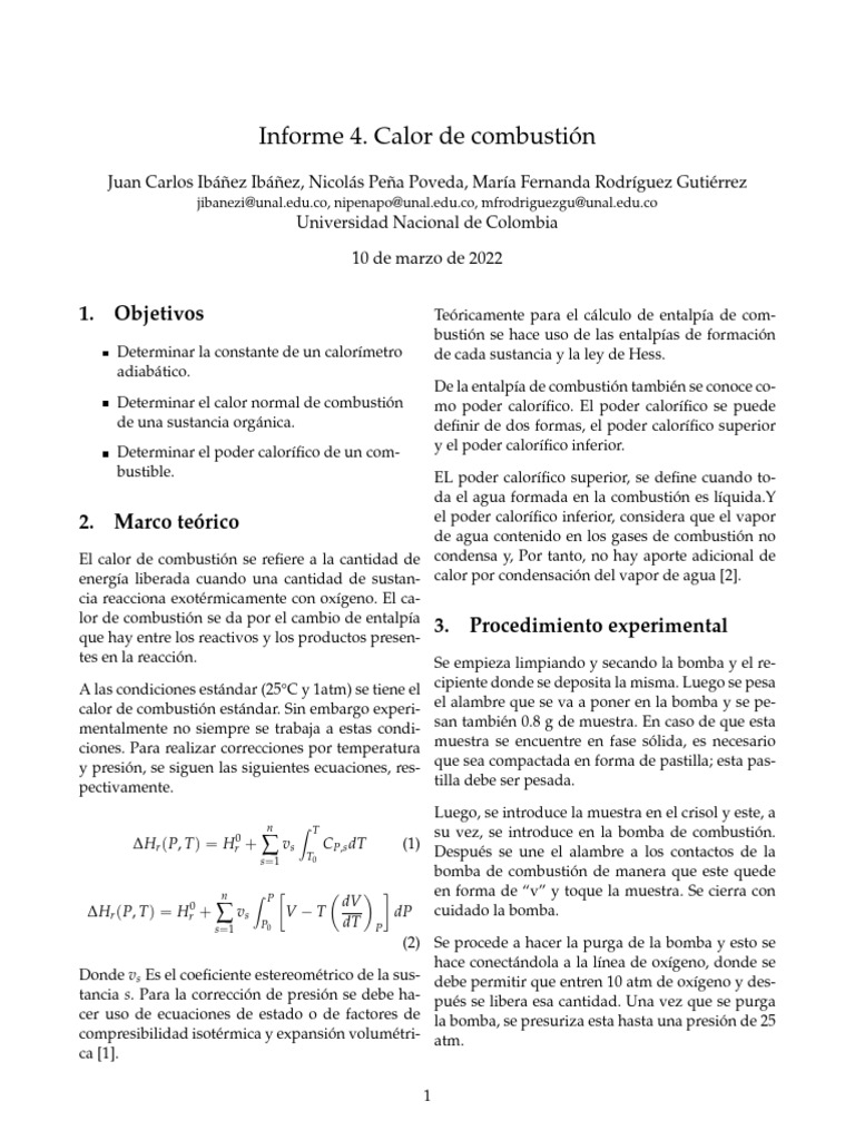 Informe_4___Calor_de_Combusti_n | PDF | Combustión | Calor