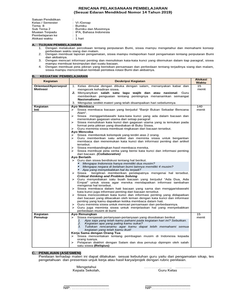 Rencana Pelaksanaan Pembelajaran (Sesuai Edaran Mendikbud Nomor 14 ...